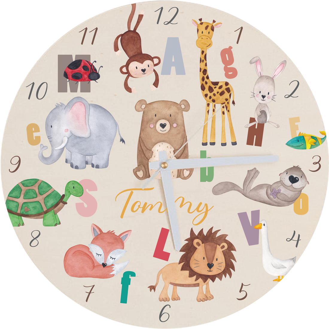 Kinder Wanduhr Holz personalisiert - Lernuhr Buchstaben Tiere